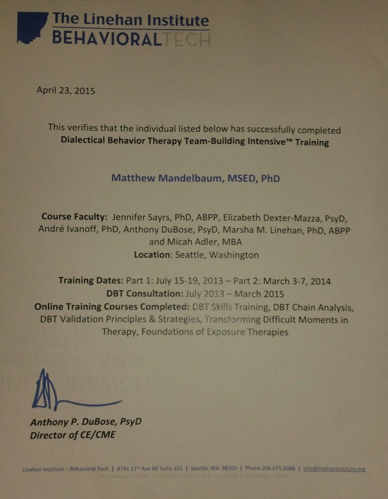 Dr. Mandelbaum Has Successfully Completed the 2-Year Linehan Institute ...